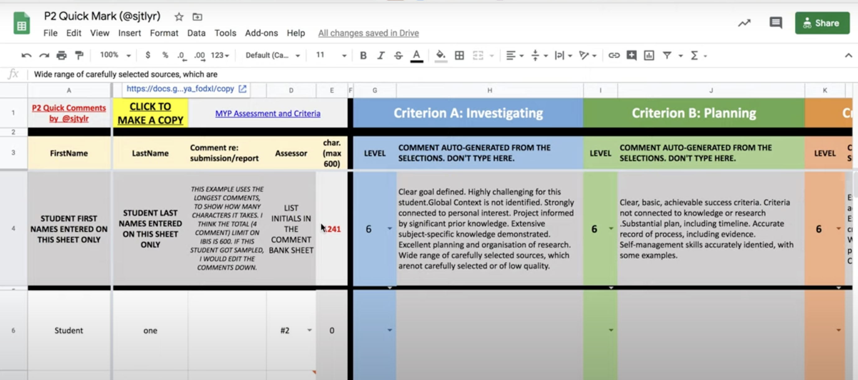 Personal Project Quick Comment Spreadsheet – Wayfinder Learning Lab ...